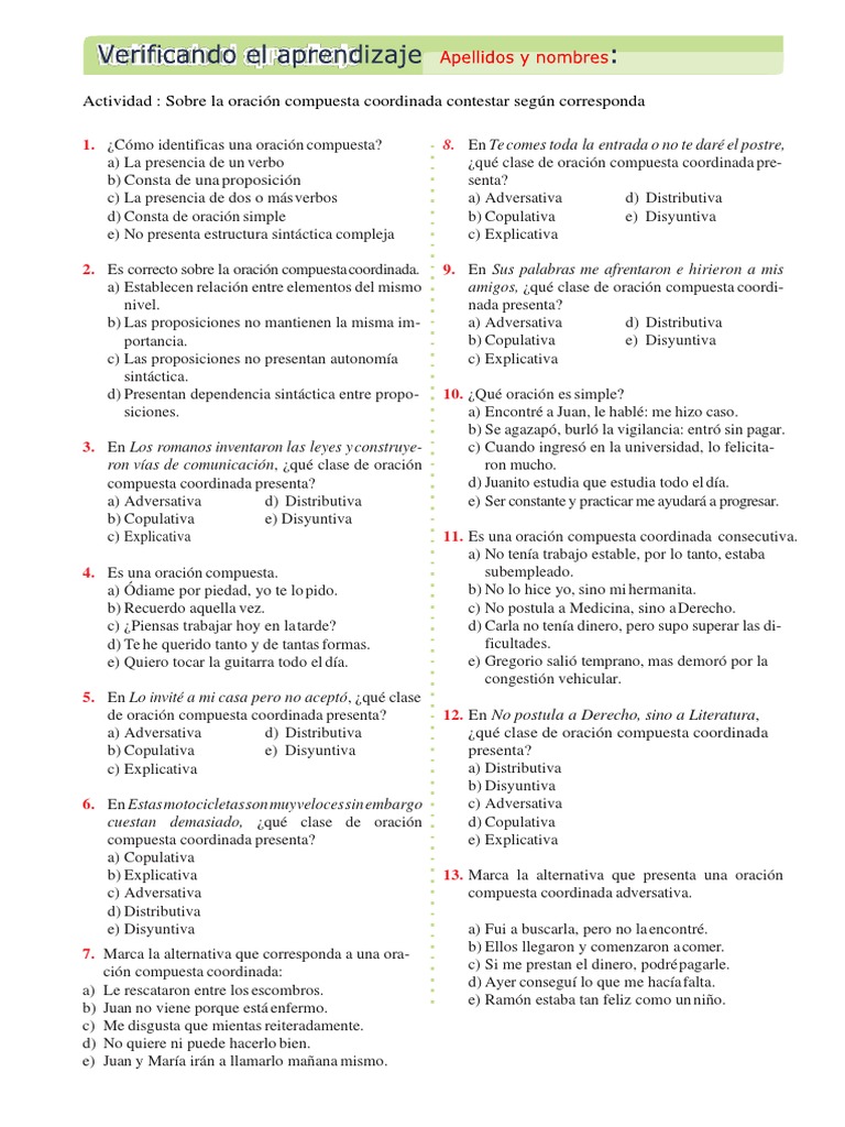 Oraciones Compuestas Coordinadas PRACTICA | PDF | Oración (Lingüística ...