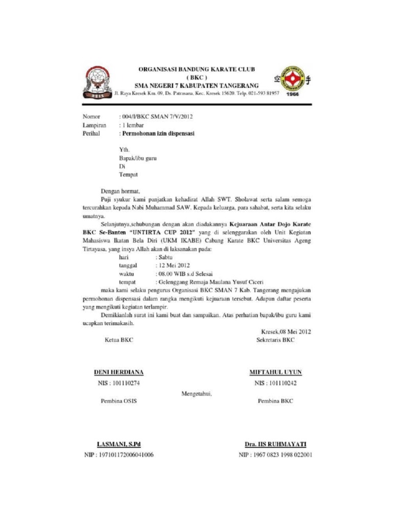 Contoh Surat Dispensasi | PDF
