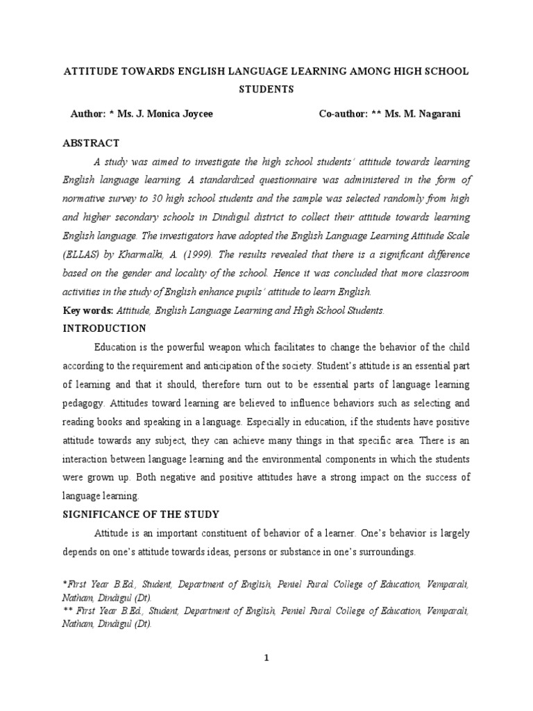 Research Paper - Attitude Towards English Subject | PDF | Attitude (Psychology) | Teaching Method