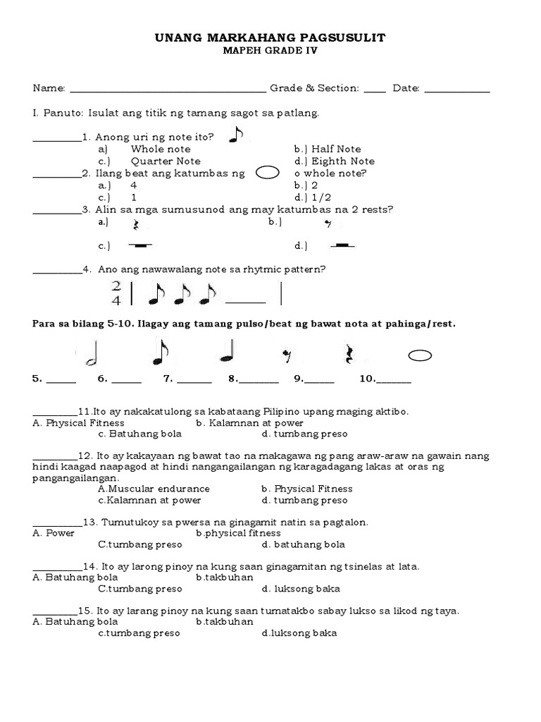 First Quarterly Examination in Mapeh Grade Iv | PDF