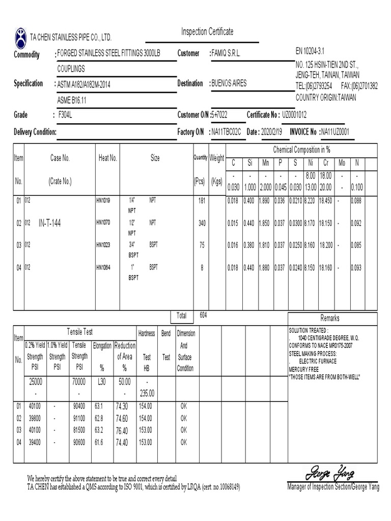 Inspection Certificate: Customer: Commodity | PDF | Mechanical ...