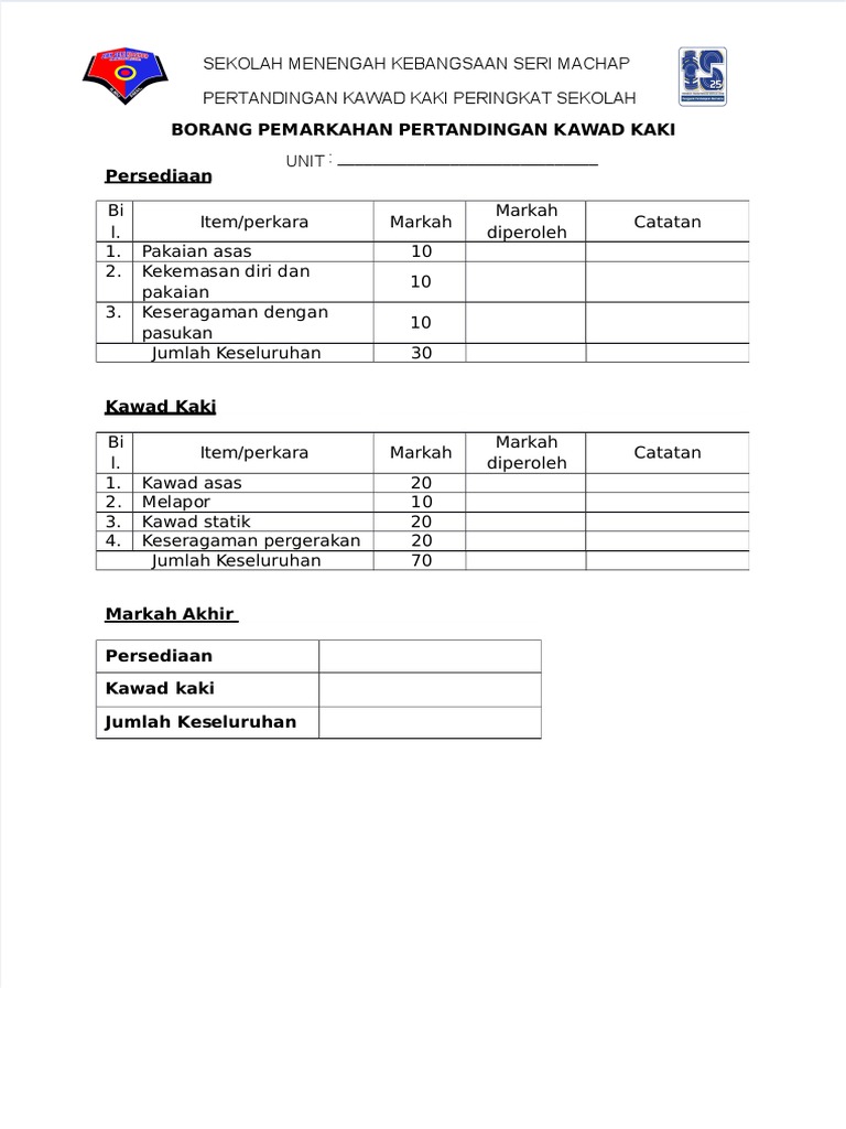 Borang Markah Pertandingan Kawad Kaki | PDF