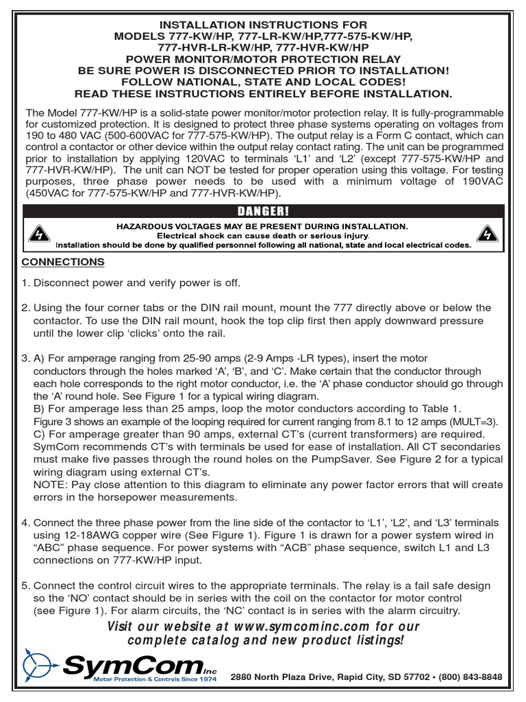 Symcom MPR 777 KW HP | PDF | Relay | Electric Motor