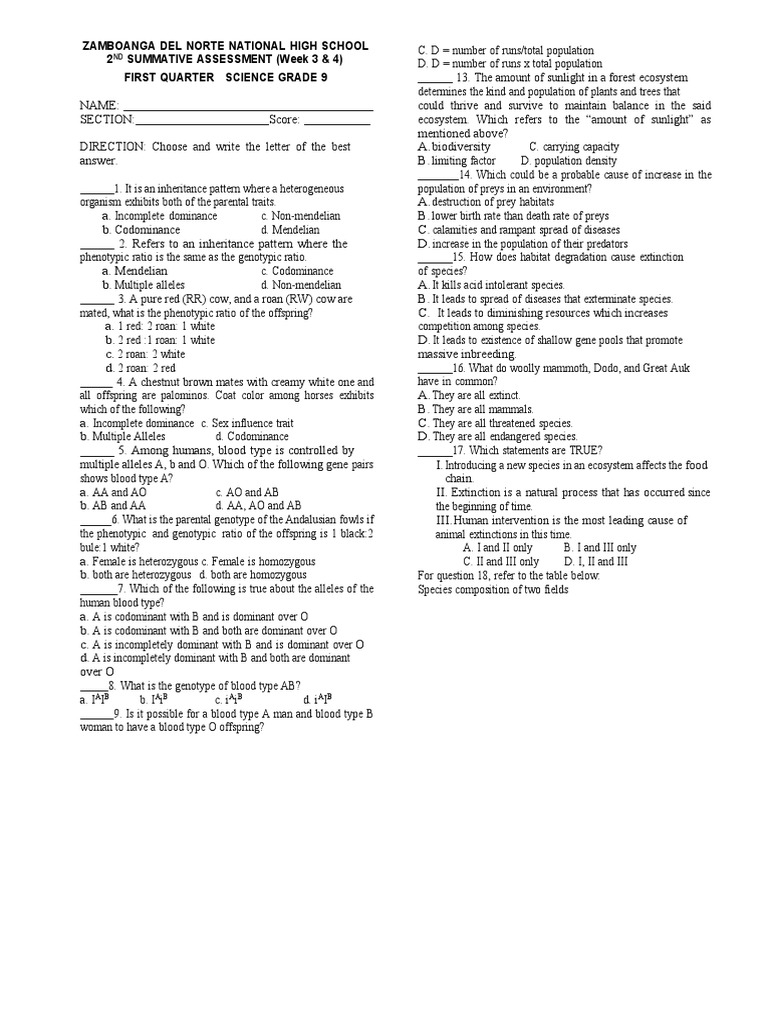 Grade 9 Summative Test First Quarter | PDF | Dominance (Genetics ...