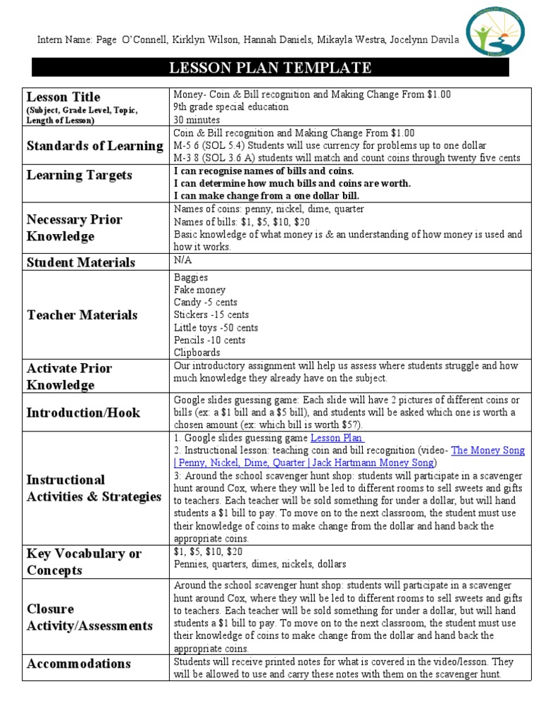 9th Grade SPED Money Lesson Plan | PDF | Lesson Plan | Teachers