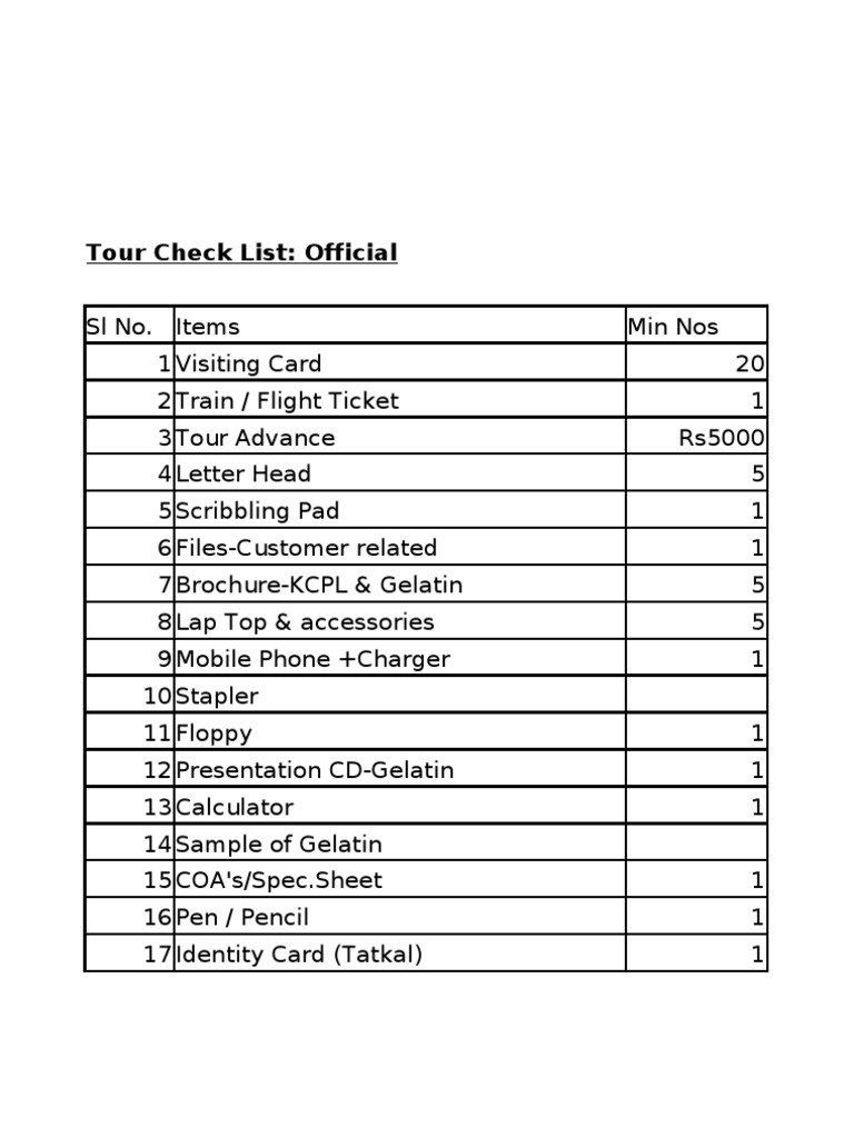 Official Tour Checklist Document | PDF | Business