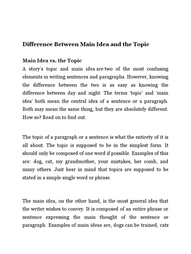 The Difference Between Main Idea and The Topic | PDF | Sentence ...