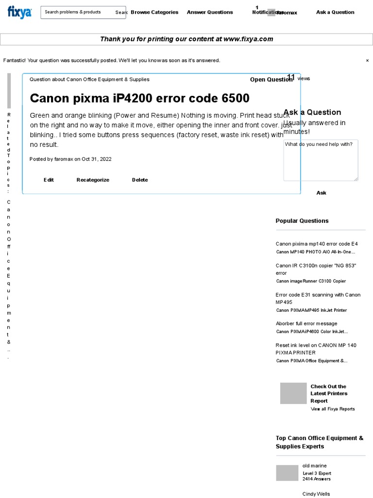Canon Pixma Ip4200 Error Code 6500 - Fixya | PDF | Canon Inc. | Printer (Computing)