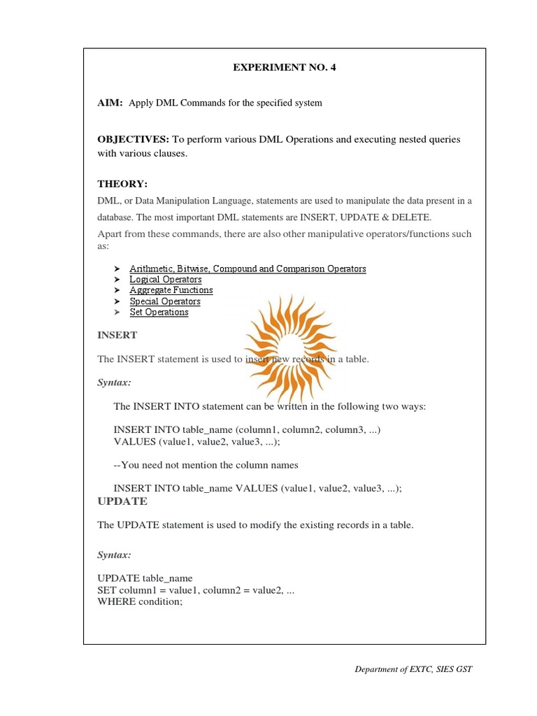 DML Commands Experiment | PDF | Computer Science | Data Management Software
