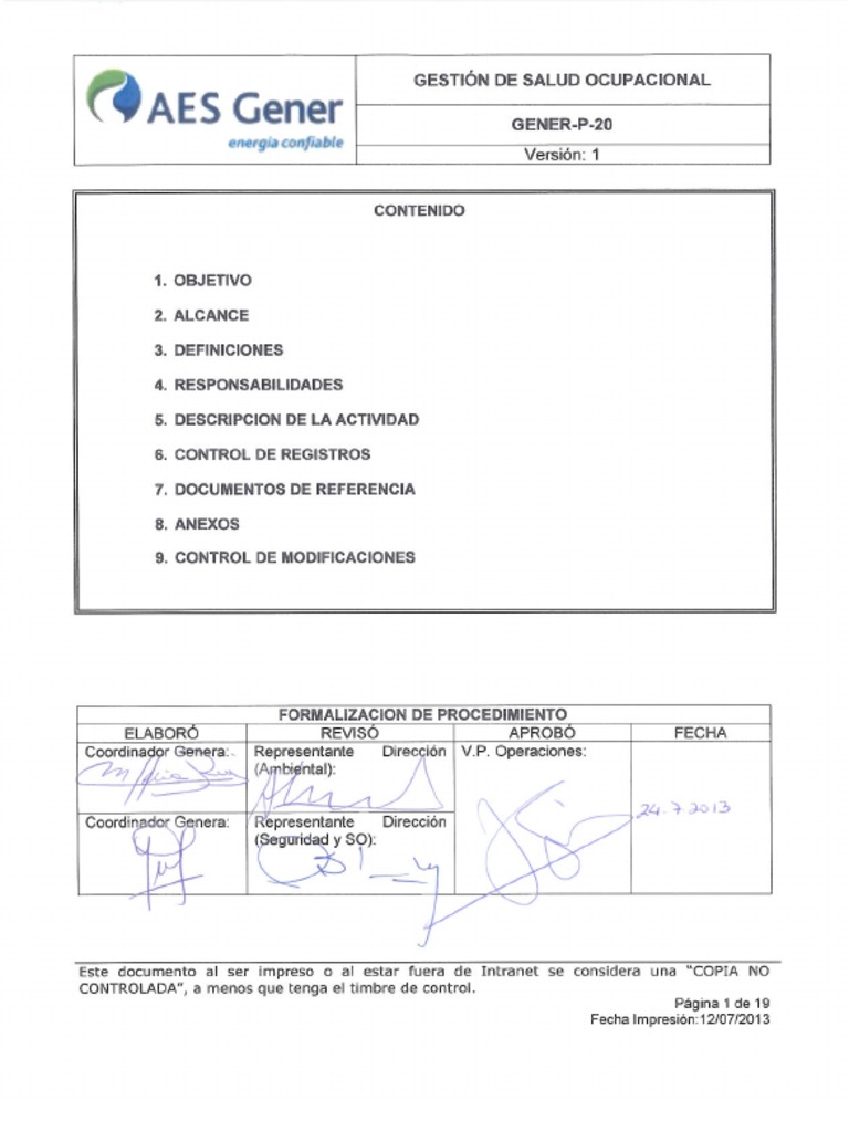 GENER-P-20 Gestión de Salud Ocupacional V 1 | PDF | Seguridad y salud ocupacional | Higiene ...