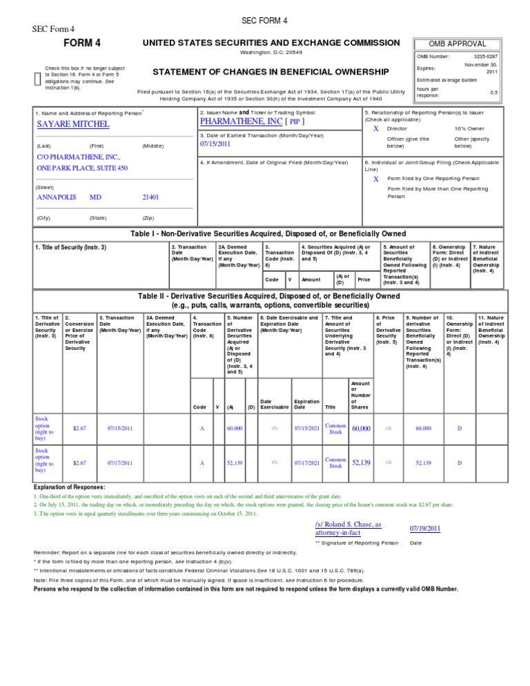 SEC Form 4: PharmAthene Ownership Change | PDF | Securities (Finance ...
