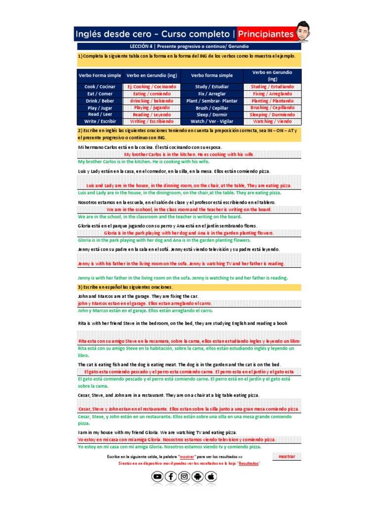 Leccion 4 Presente Progresivo o Continuo - Gerundio | PDF | Mecánica del lenguaje | Unidades ...