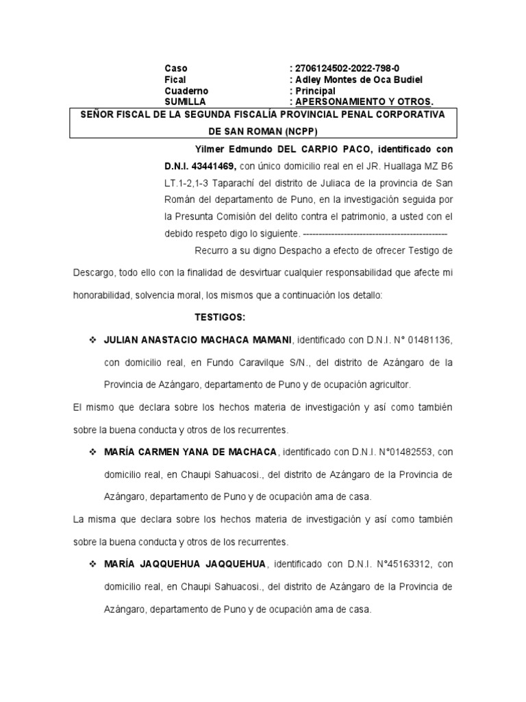 Escrito de Ofrecimiento de Testigos | PDF | Gobierno | Justicia