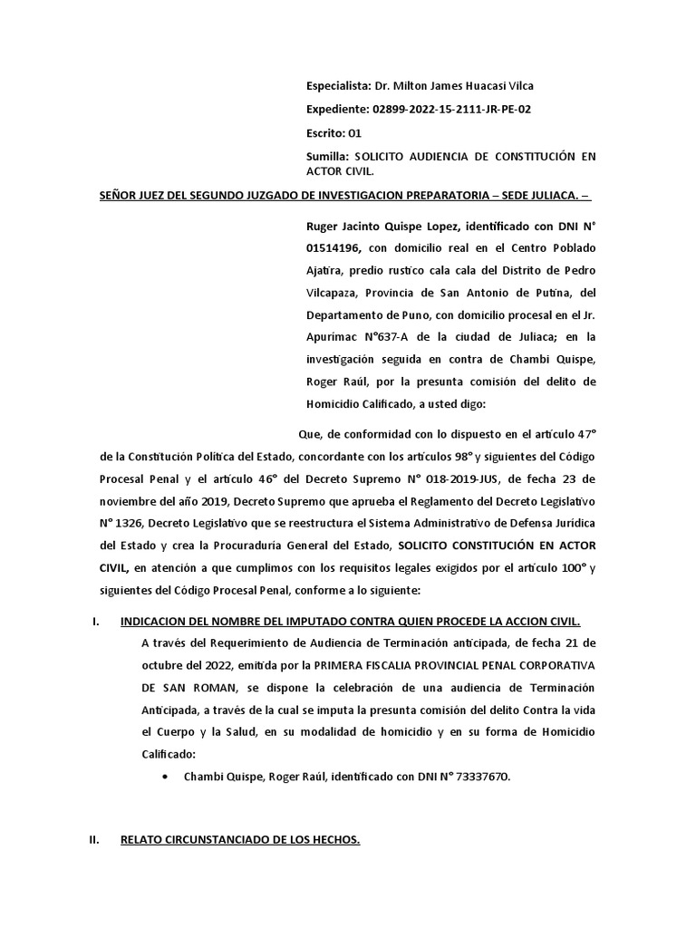 Modelo de Constitucion en Actor Civil | PDF | Derecho penal | Daños y ...