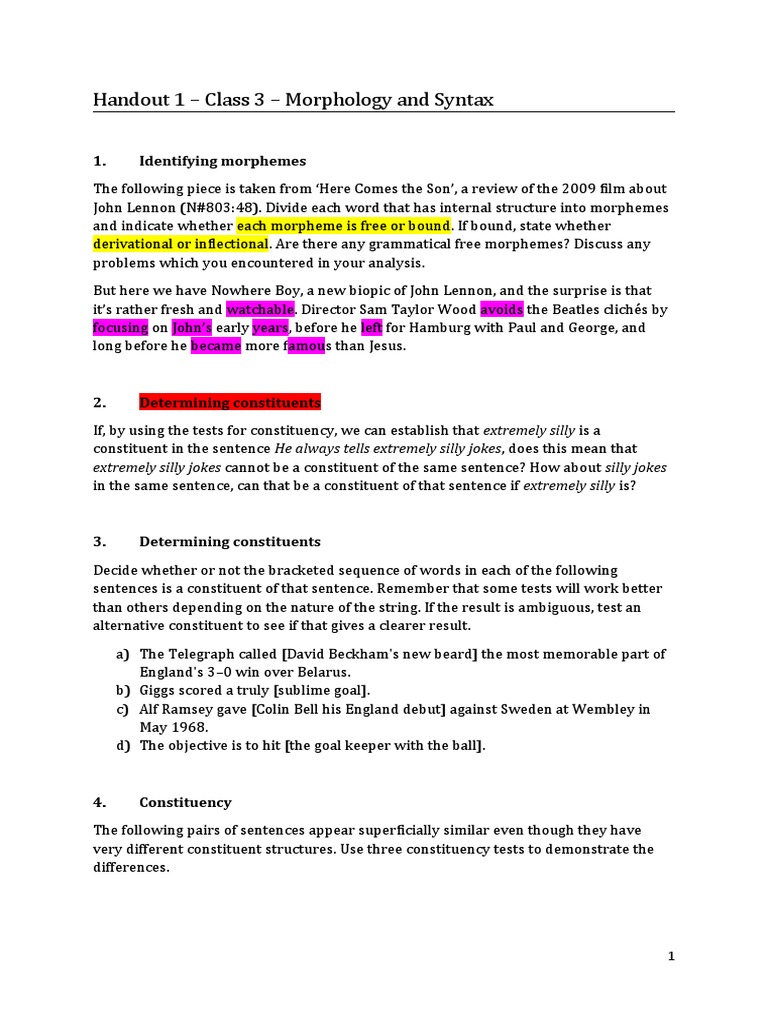 Handout 1 - Class 3 | PDF | Word | Morphology (Linguistics)