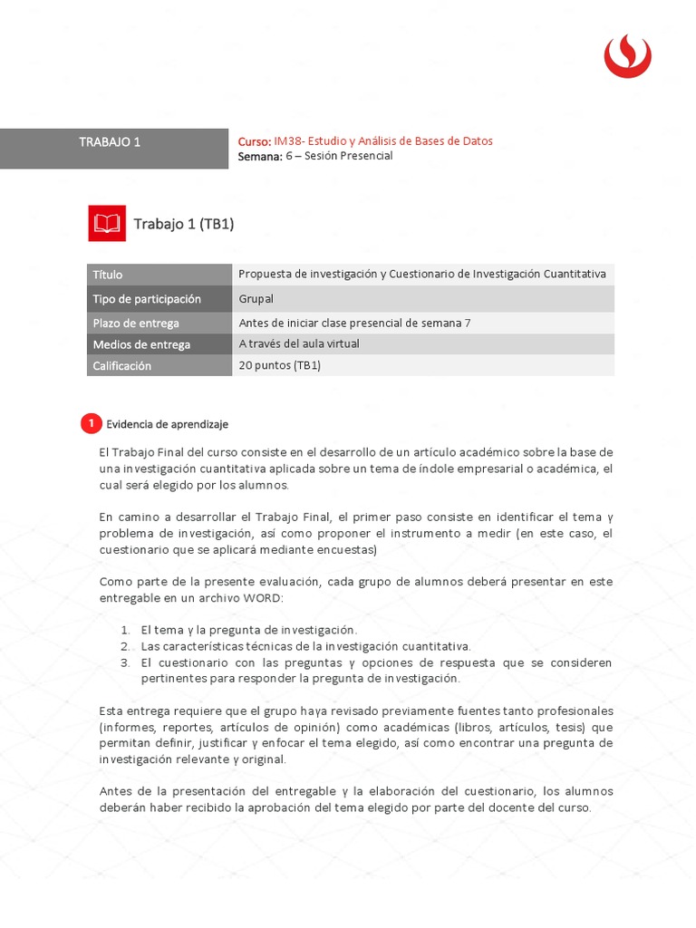 Indicaciones TB1 Base de Datos | PDF | Cuestionario | Evaluación