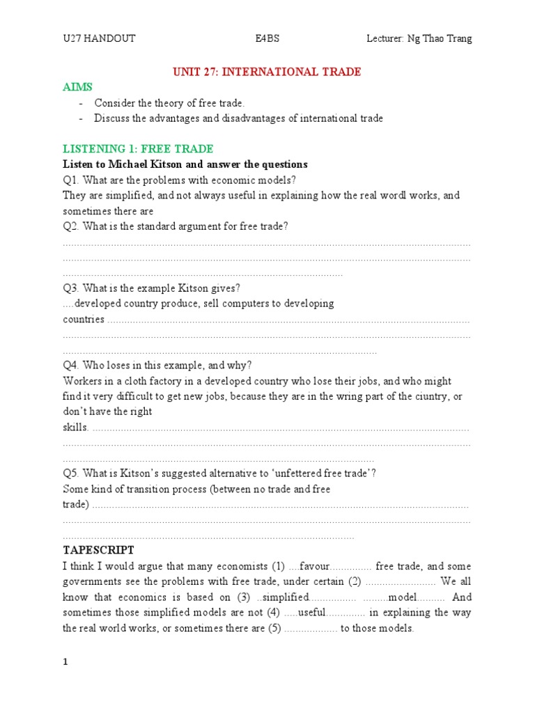 9.u27 Handout | PDF | Free Trade | Economics