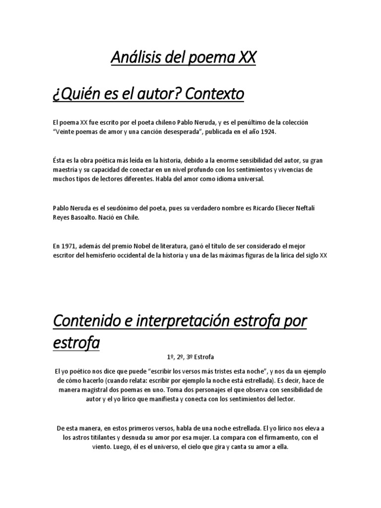 Análisis Del Poema XX | PDF | Poesía | Poética
