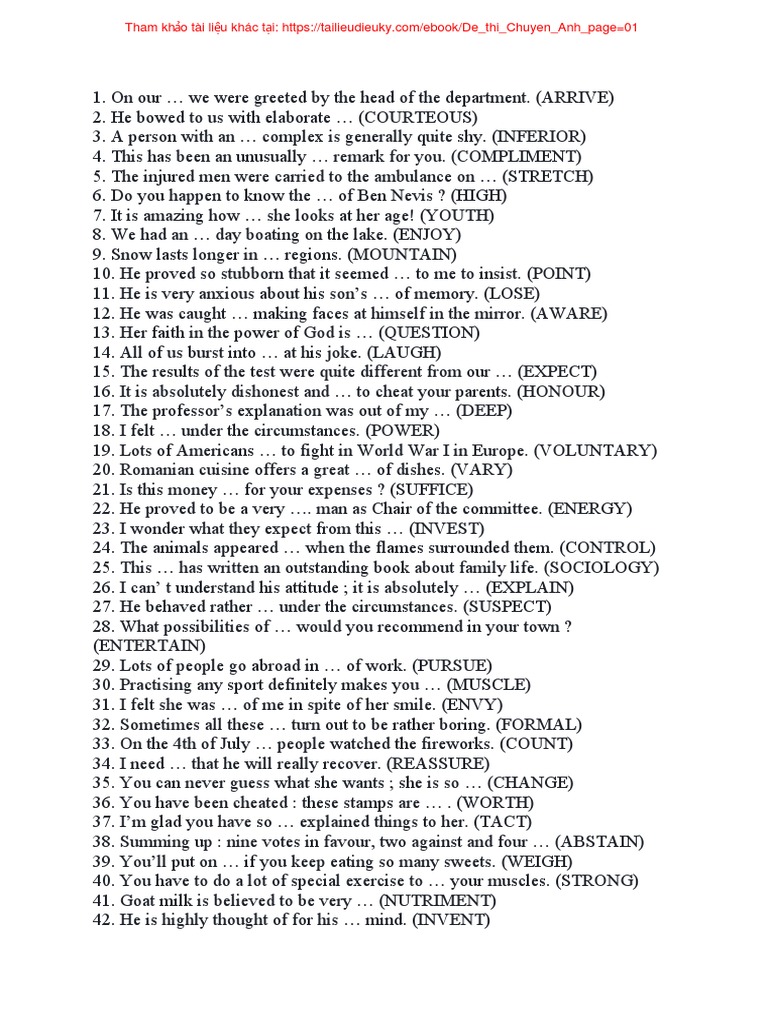 1000 Cau Word Form On Thi Hoc Sinh Gioi | PDF