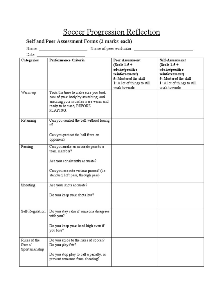 Soccer Skills Self & Peer Assessment Guide | PDF | Behavioural Sciences ...