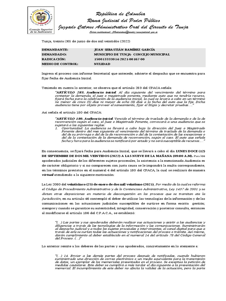 Auto Fija Fecha y Hora para Audiencia Inicial | PDF | Ley administrativa | Ley procesal