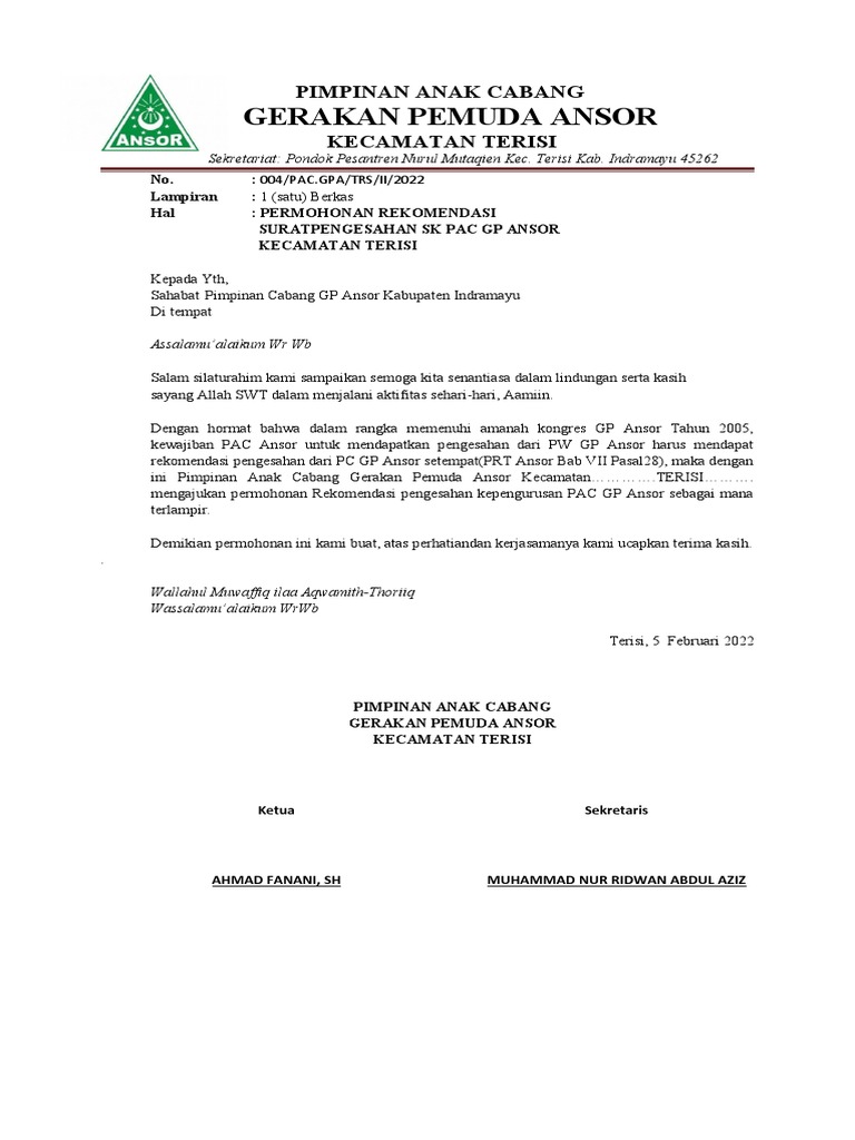Surat Pengajuan SK PAC Ansor Terisi | PDF
