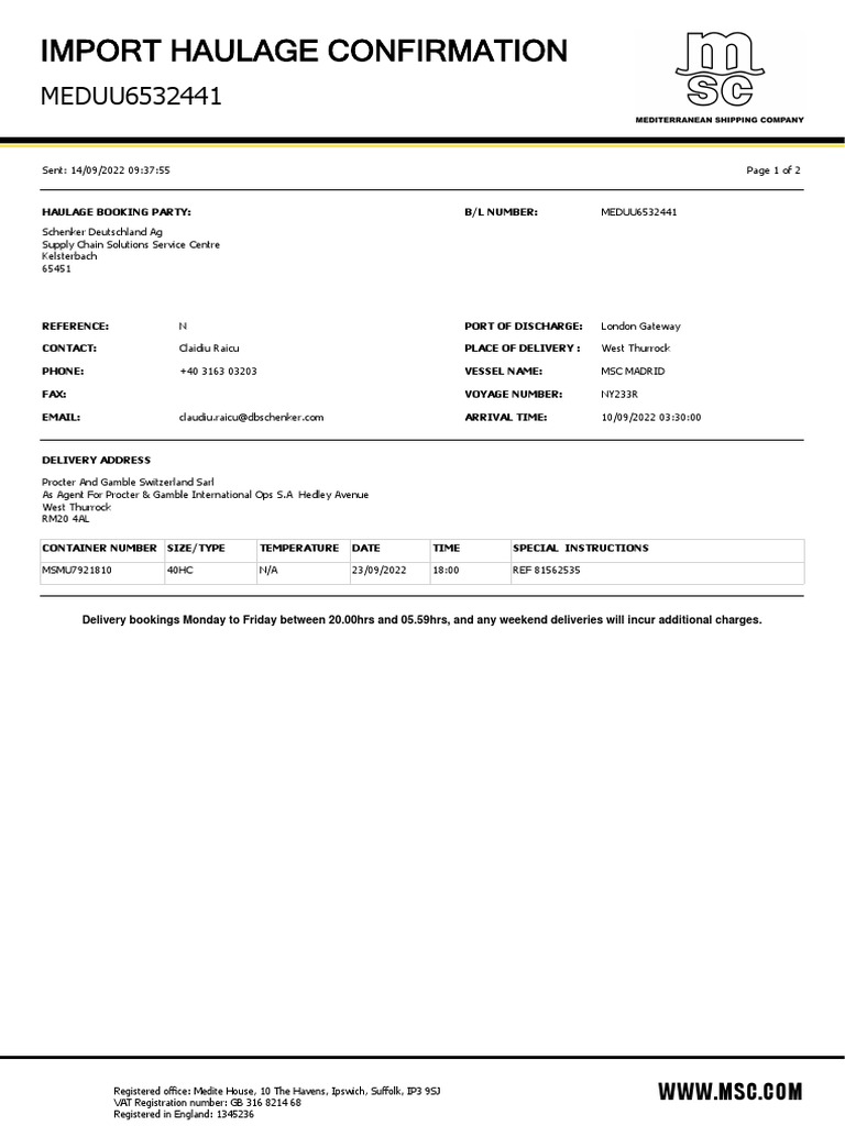 Import Haulage Booking Request Receipt (006) MSMU7921810 | PDF | Cargo | Bill Of Lading