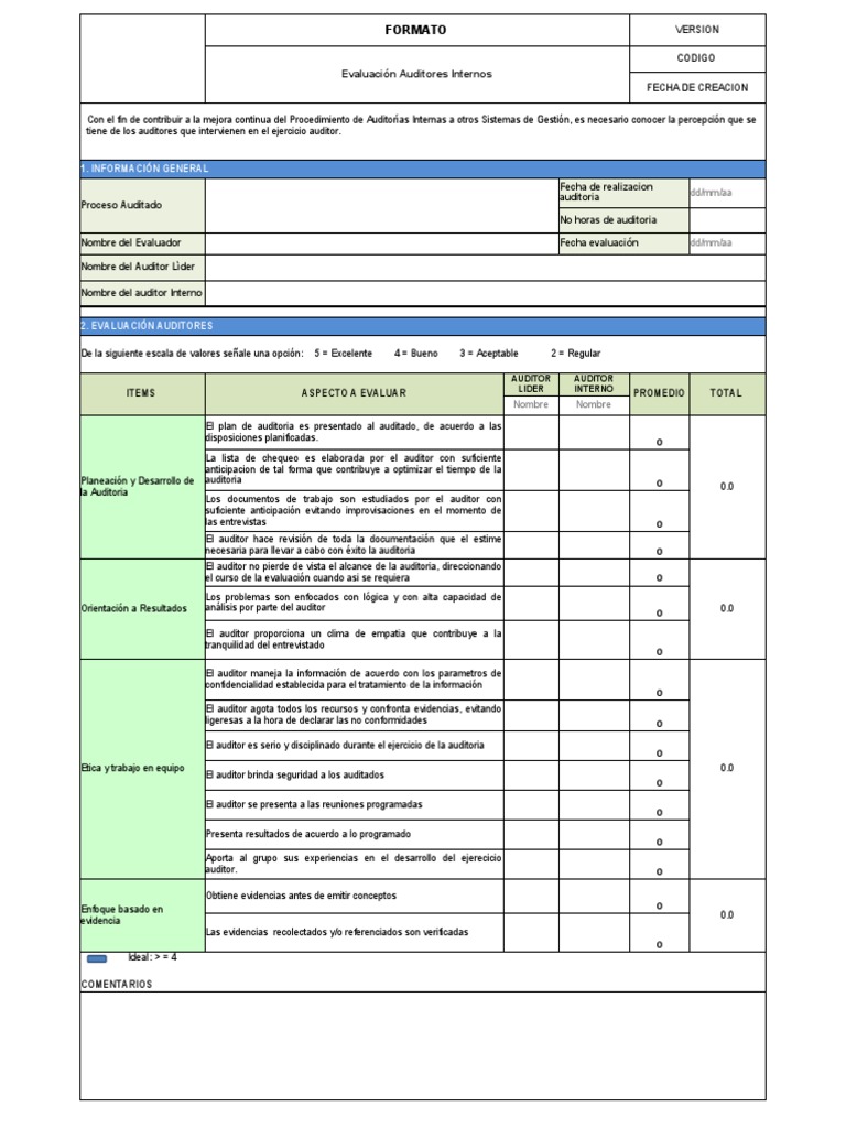 Formato Evaluación Auditores Internos V4 | PDF | Auditoría | Contralor