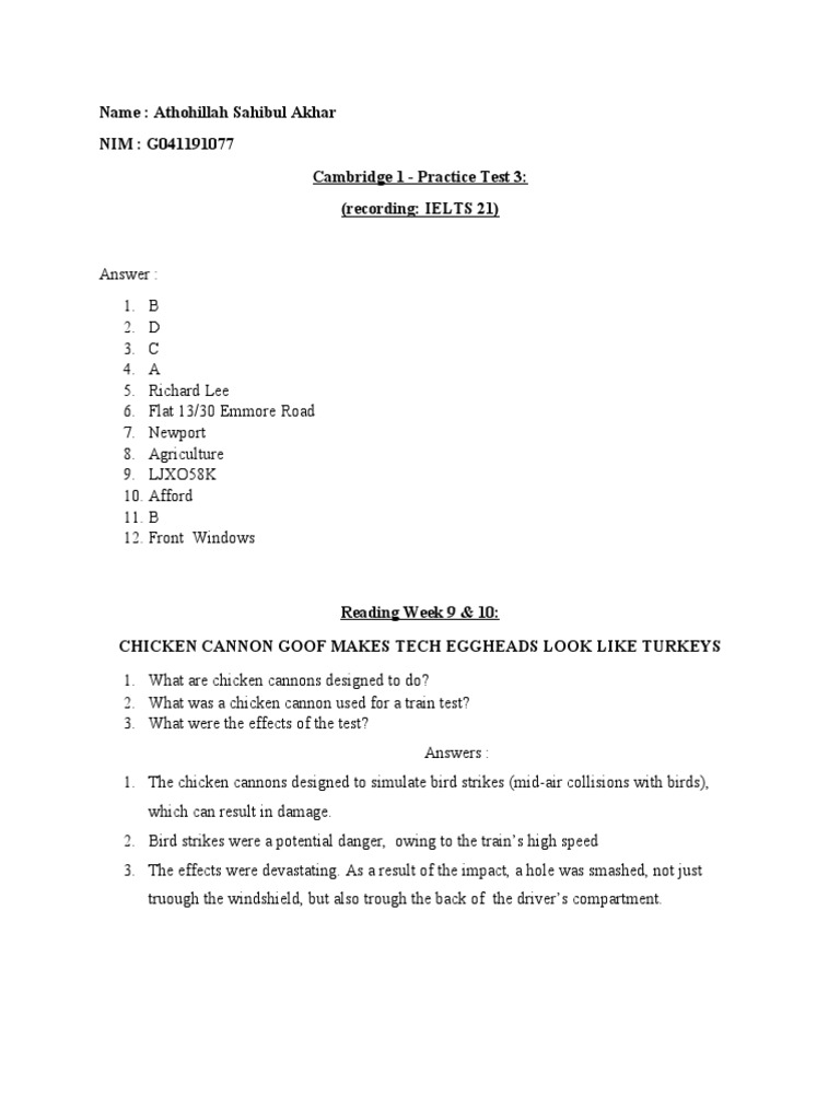 Cambridge 1 - Practice Test 3 and Reading Week 9&10 Athohillah | PDF