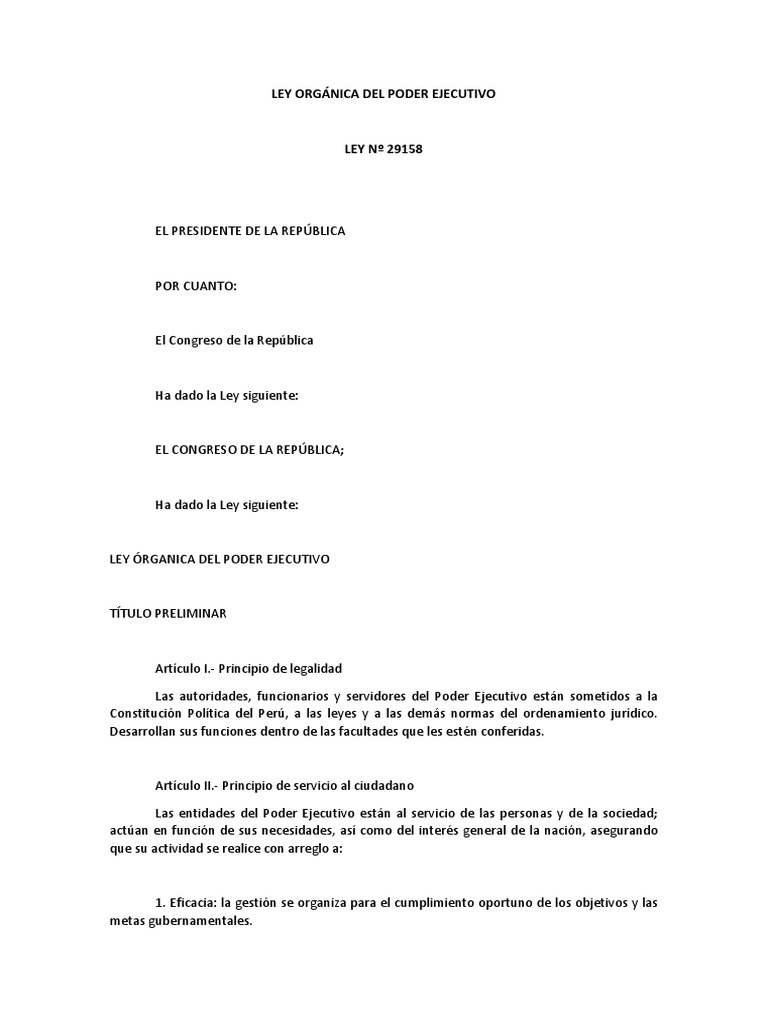 Ley 29158 Ley Organica Del Poder Ejecutivo | PDF | Ministerio ...