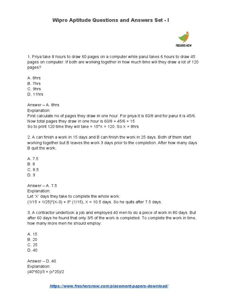 Wipro Aptitude Questions and Answers Set I | PDF | Speed | Odds
