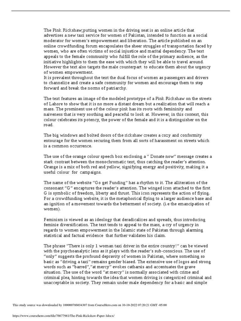 The Pink Rickshaw Paper 1 Rsponse 1 | PDF | Patriarchy | Gender Equality