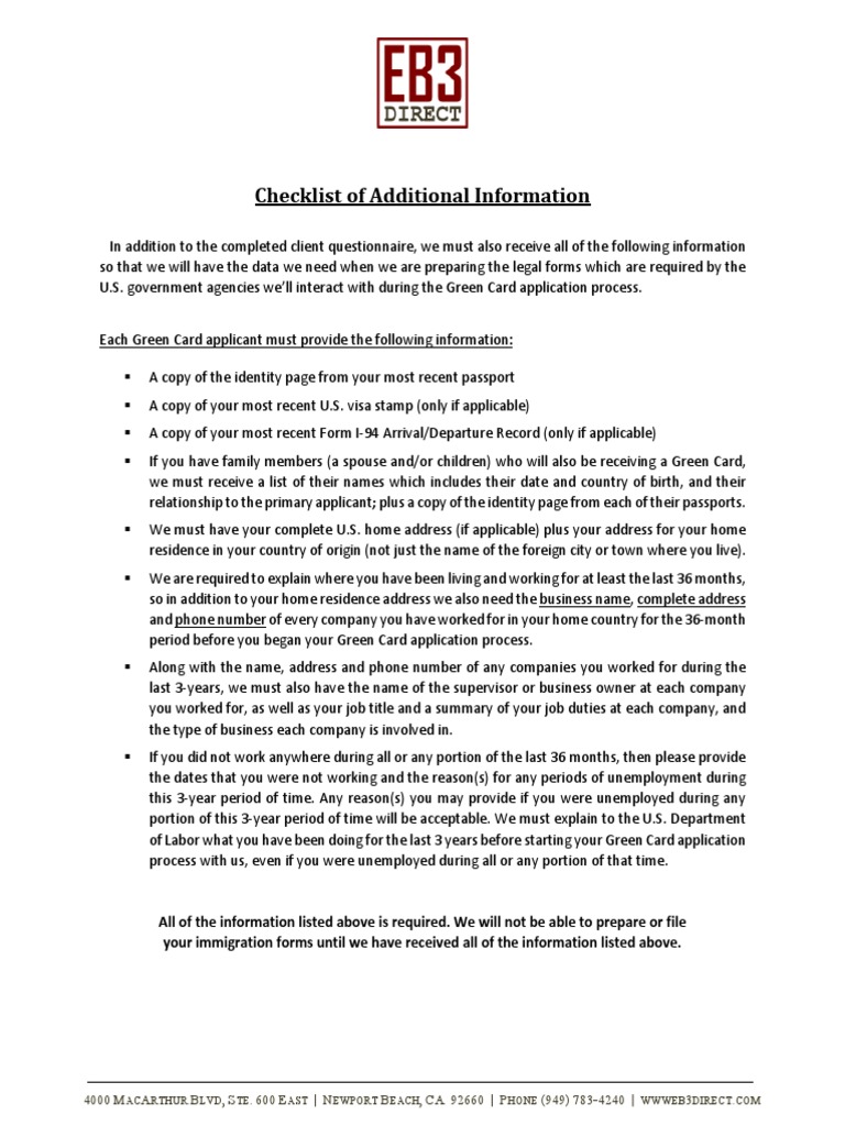 EB3 Checklist | PDF | National Security | International Law