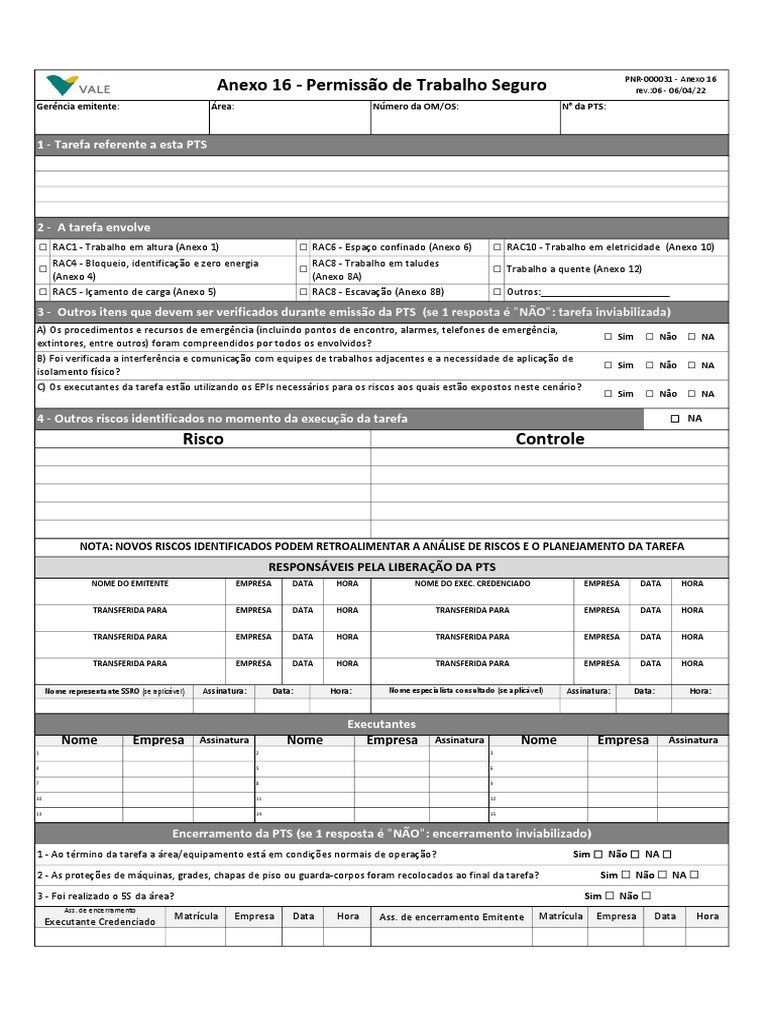 Anexo 16 - Formulário de PTS | PDF Anexo 16 - Formulário de PTS | PDF