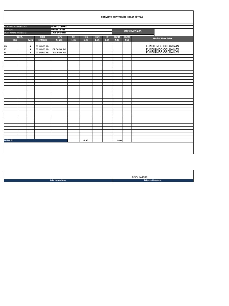 Formato Control Horas Extras | PDF