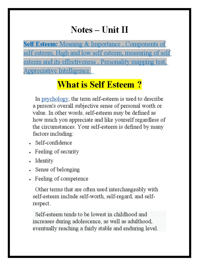 MSD Notes Unit 2 | PDF | Self Esteem | Emotions