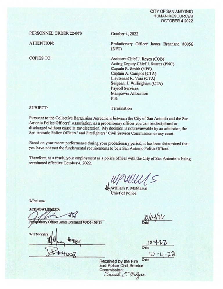Officer James Brennand Termination Letter. | PDF