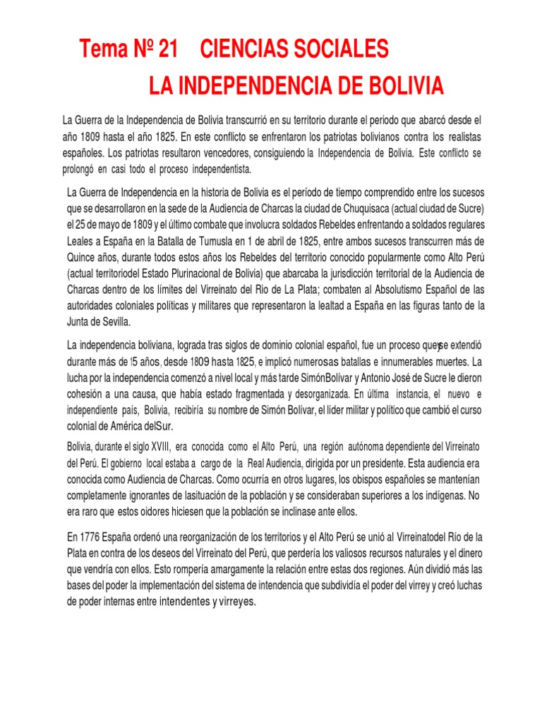 Independencia de Bolivia | PDF | Bolivia | América del Sur