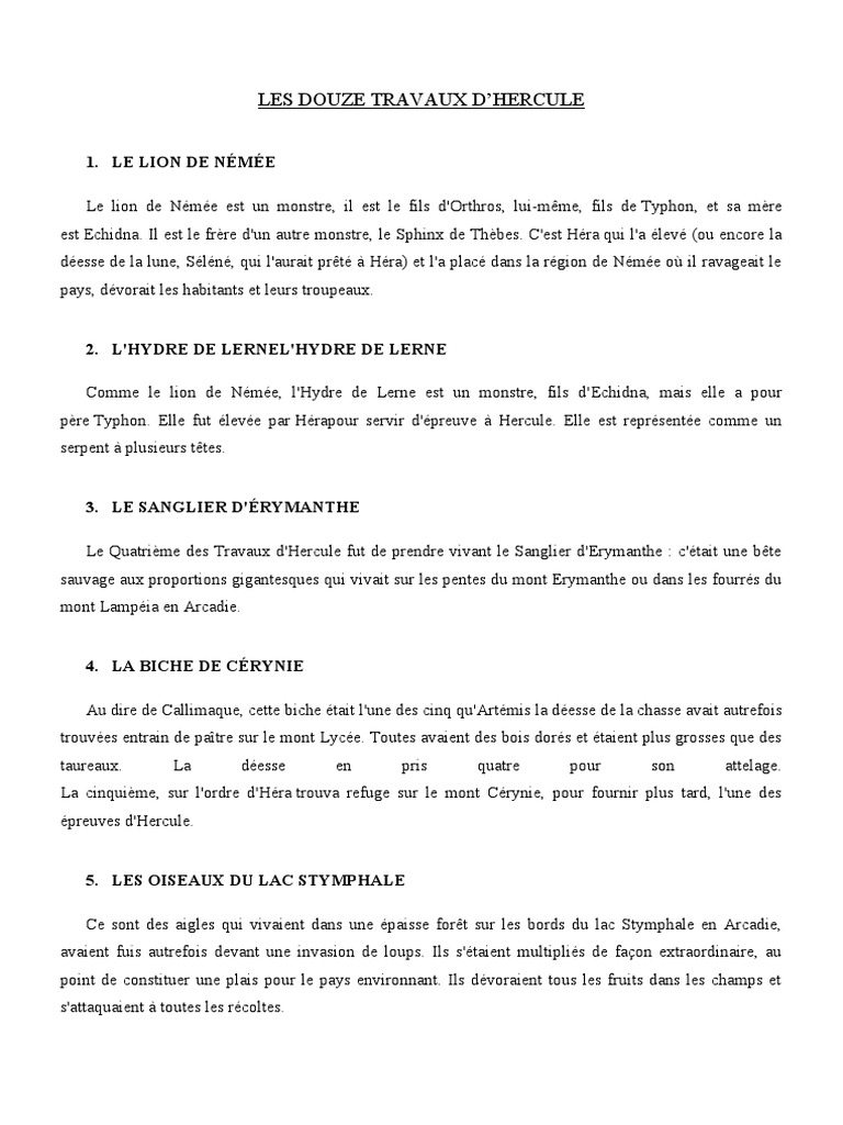 Les Douze Travaux d'Hercule Résumés | PDF | Divinités grecques ...