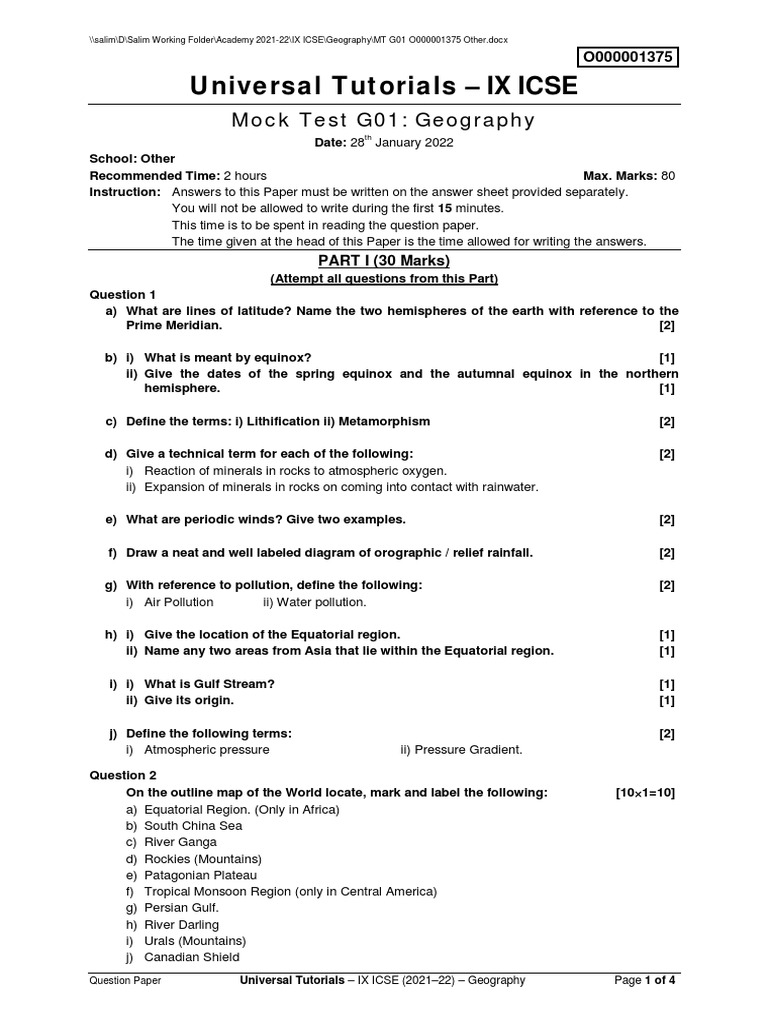 Universal Tutorials - IX ICSE: Mock Test G01: Geography | PDF ...