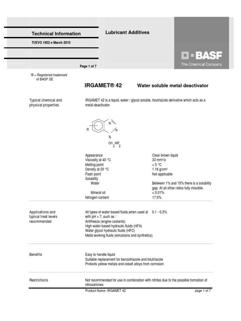 Irgamet 42 Water Solube Metal Deactivator | PDF | Liquids | Metals
