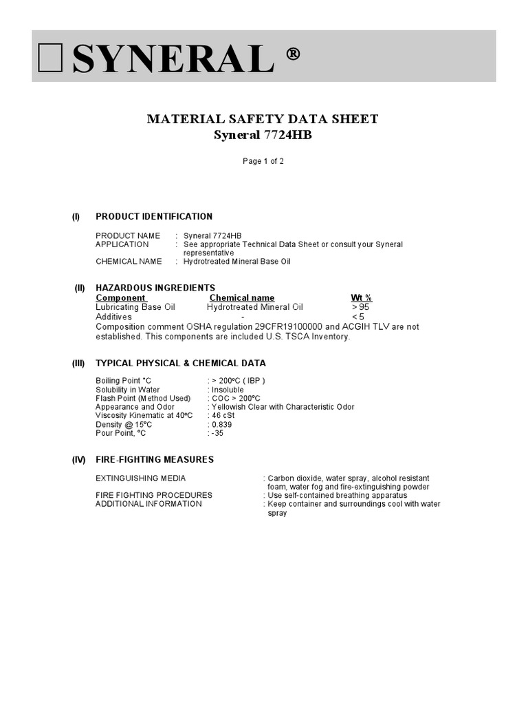 Safety Data Sheet for Syneral 7724HB Hydrotreated Mineral Base Oil ...