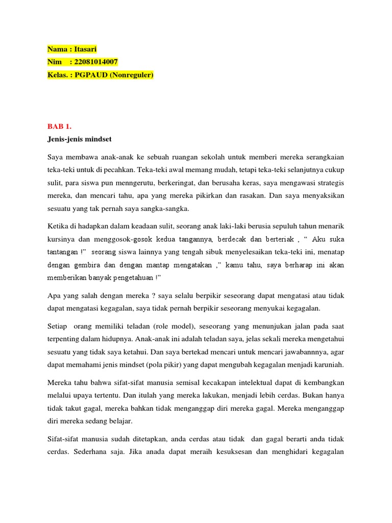 Tugas Resume Buku Mindset - Itasari - 22081014007 | PDF | Karier & Perkembangan | Pengembangan Diri