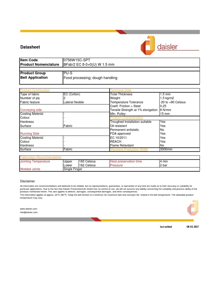 BFab/2 EC 8-0+0(U) W 1.5 mm Datasheet | PDF | Belt (Mechanical) | Building Materials