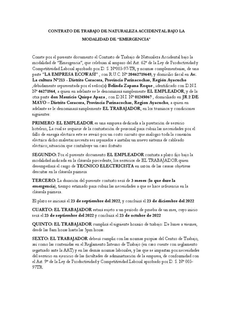 CONTRATO DE TRABAJO DE NATURALEZA ACCIDENTAL BAJO LA MODALIDAD EMERGENCIA Nuevo1 | PDF | Derecho ...