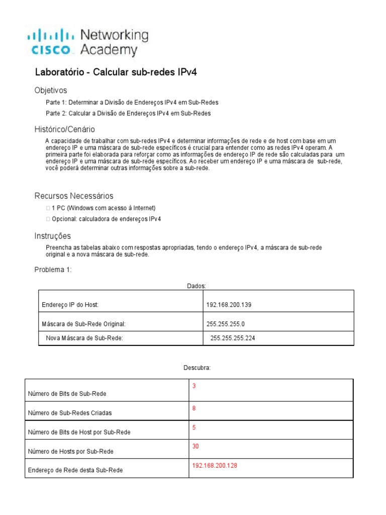 11.6.6 Lab - Calculate Ipv4 Subnets - PT BR | PDF | Endereço de IP ...