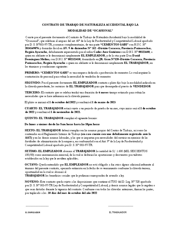 CONTRATO DE TRABAJO DE NATURALEZA ACCIDENTAL BAJO LA MODALIDAD OCACIONAL Nuevo | PDF | Derecho ...