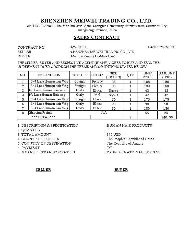 Hair Wig Sales Contract Invoice | PDF | Wig | Hair