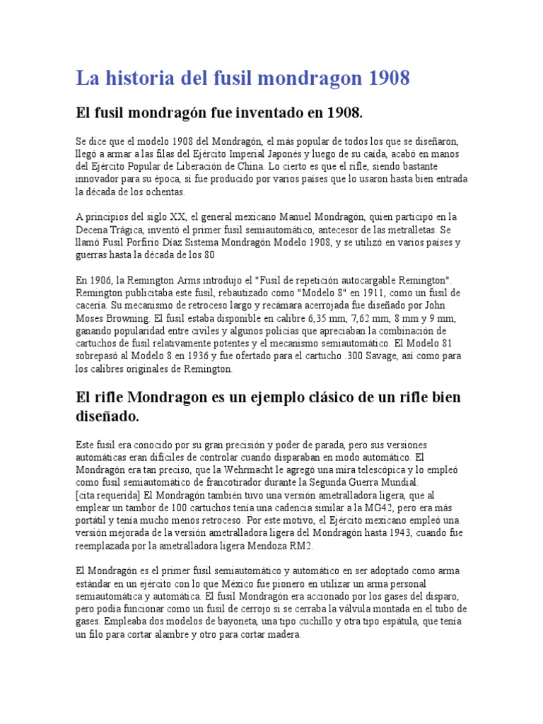 La Historia Del Fusil Mondragon 1908 | PDF | Rifle | Balística