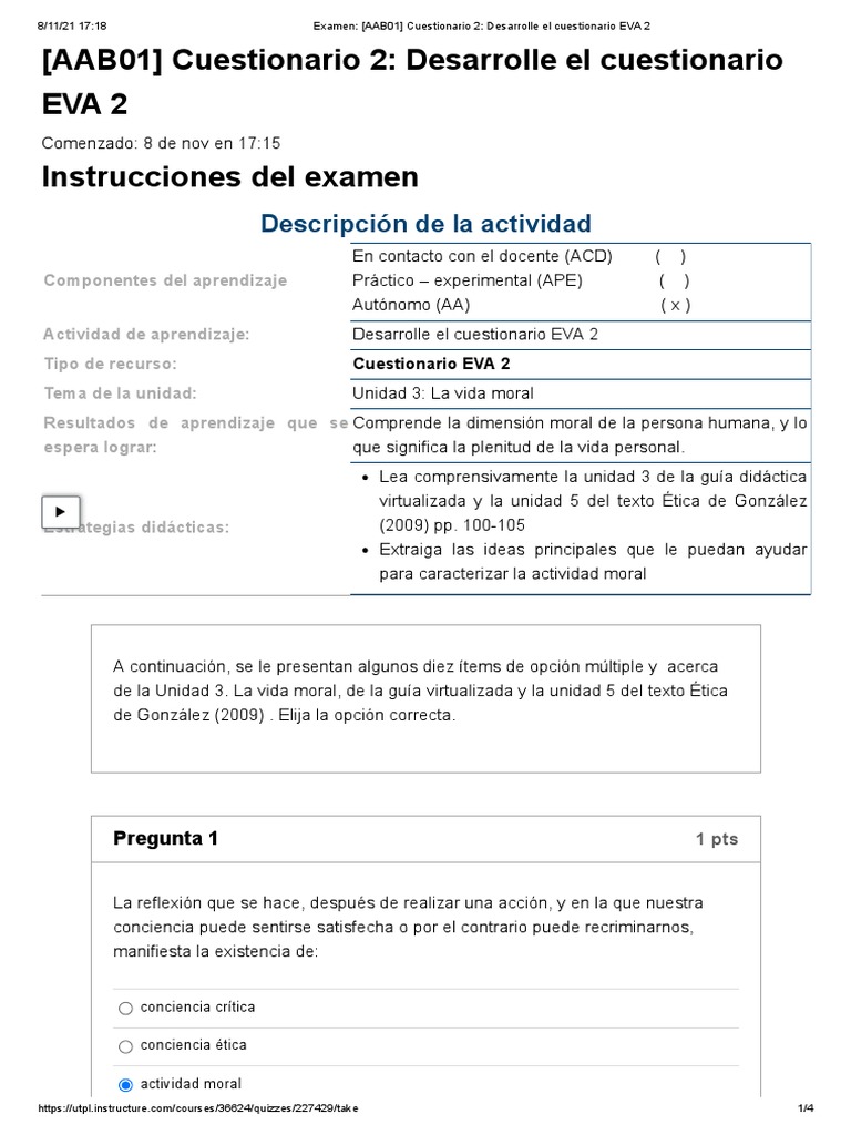 Examen - (AAB01) Cuestionario 2 - Desarrolle El Cuestionario EVA 2 | PDF | Moralidad | Prueba ...